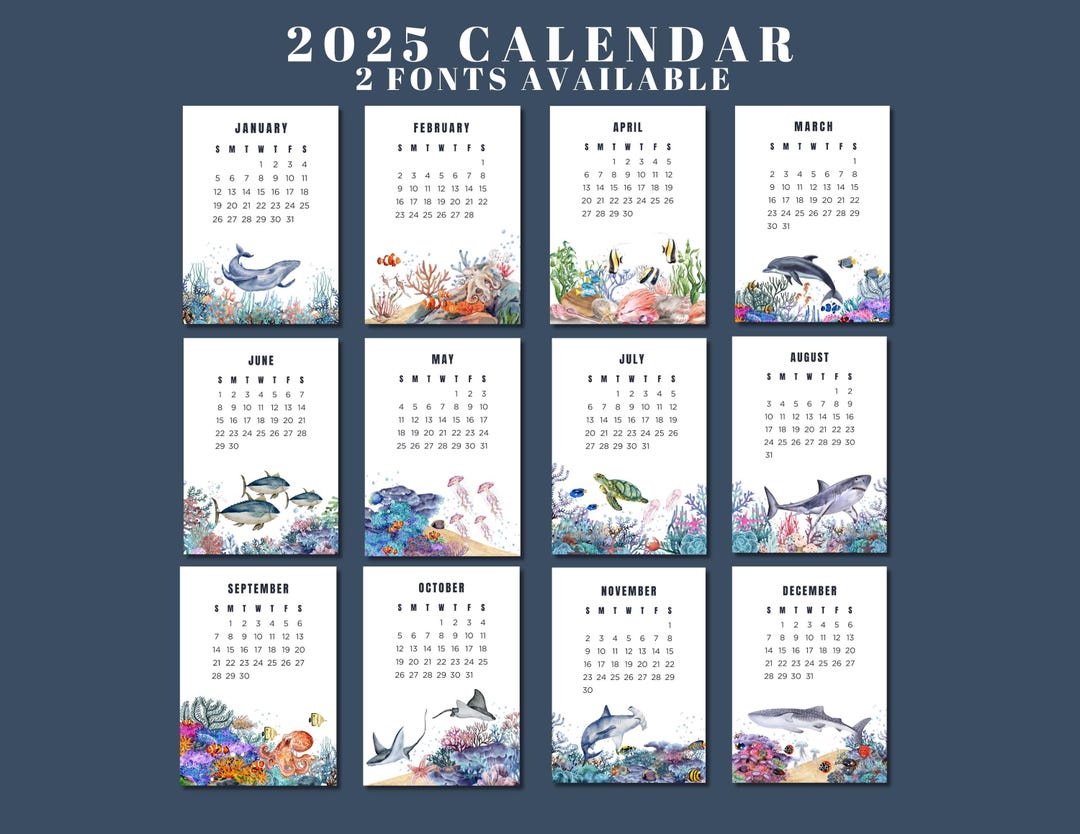 2025 Printable Sea Life Under the Sea Calendar Ocean Animals Dated 5x7 ...