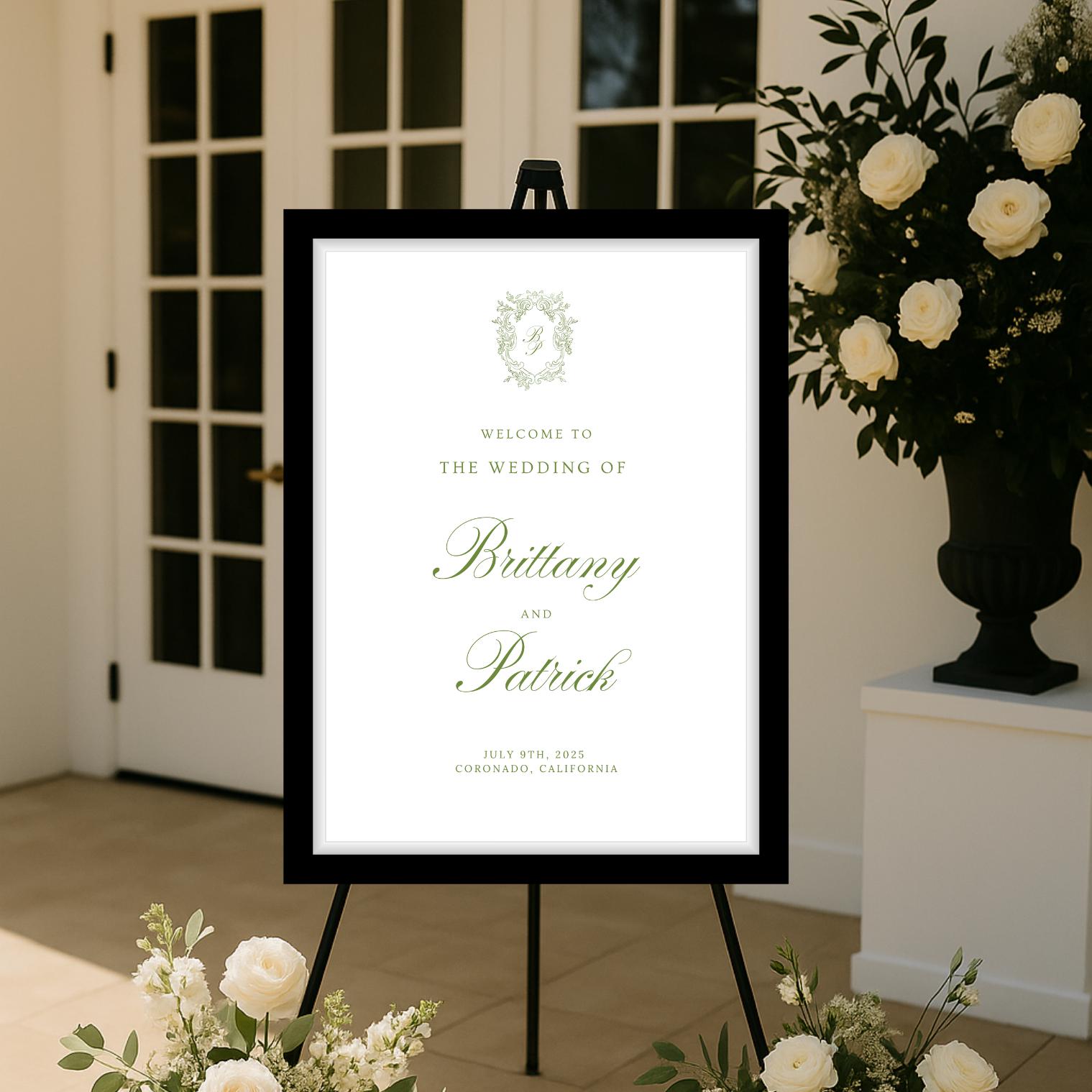Editable Green Wedding Monogram Crest Welcome Sign Canva Template ...