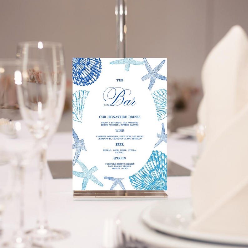 Editable Blue Seashells Bar Menu Canva Template, Custom Beach Wedding ...