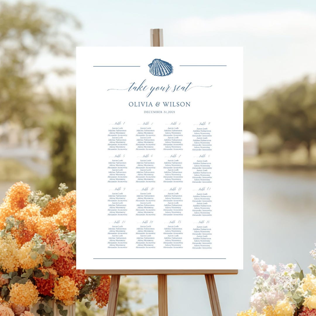 Editable Blue Seashell Beach Wedding Seating Chart Canva Template ...