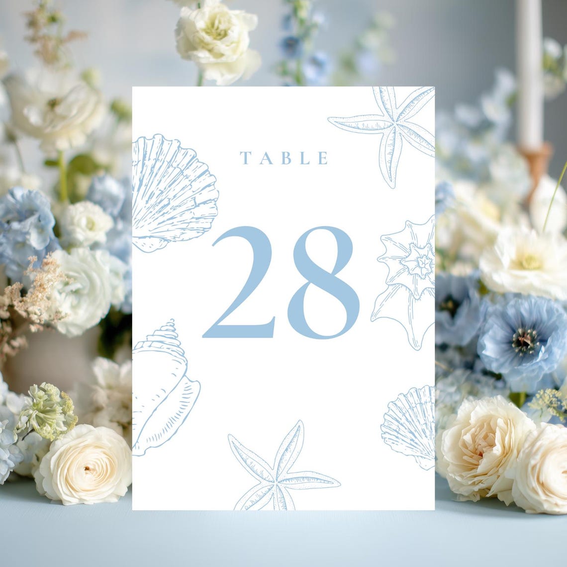 Editable Coastal Blue Seashells Table Numbers Canva Template, Printable ...