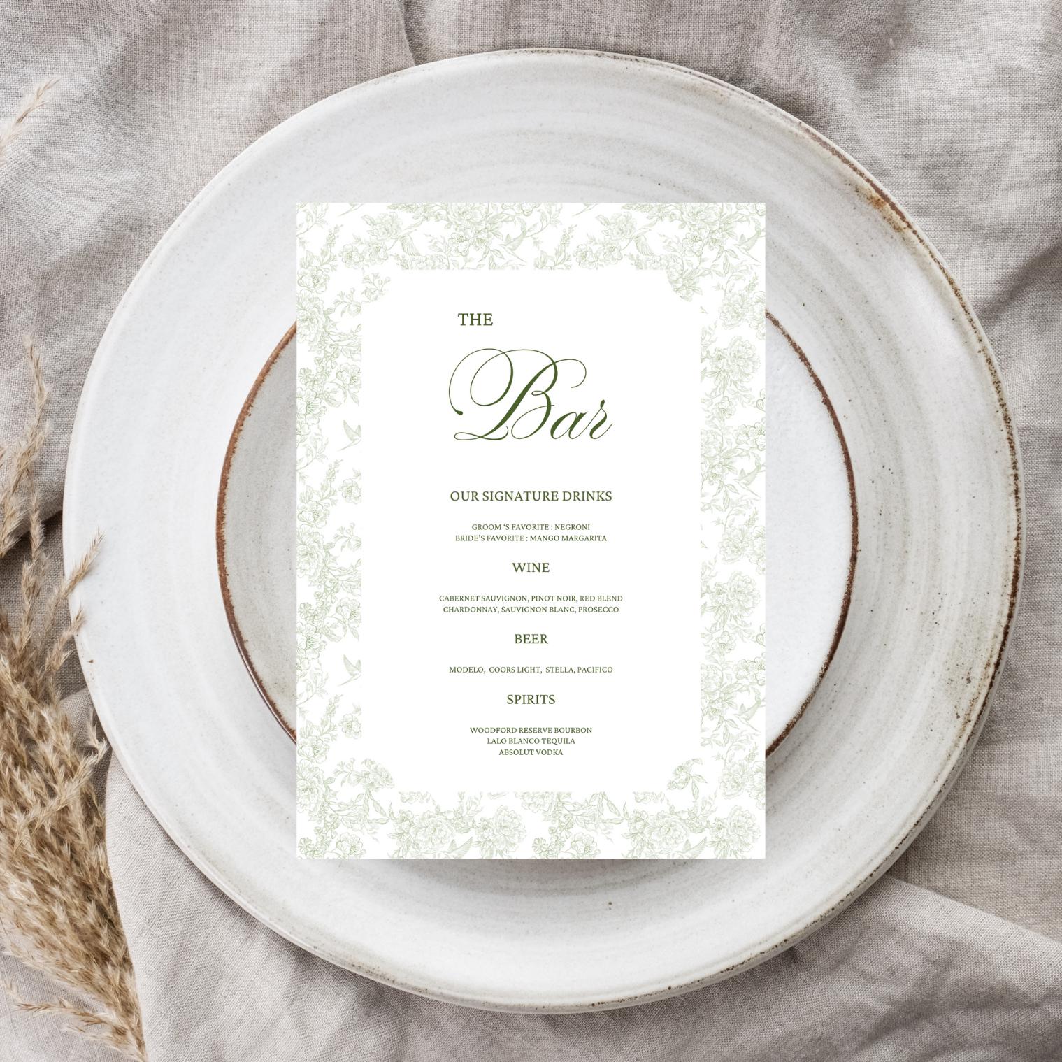 Editable Wedding Reception Bar Menu Canva Template, Printable Green ...