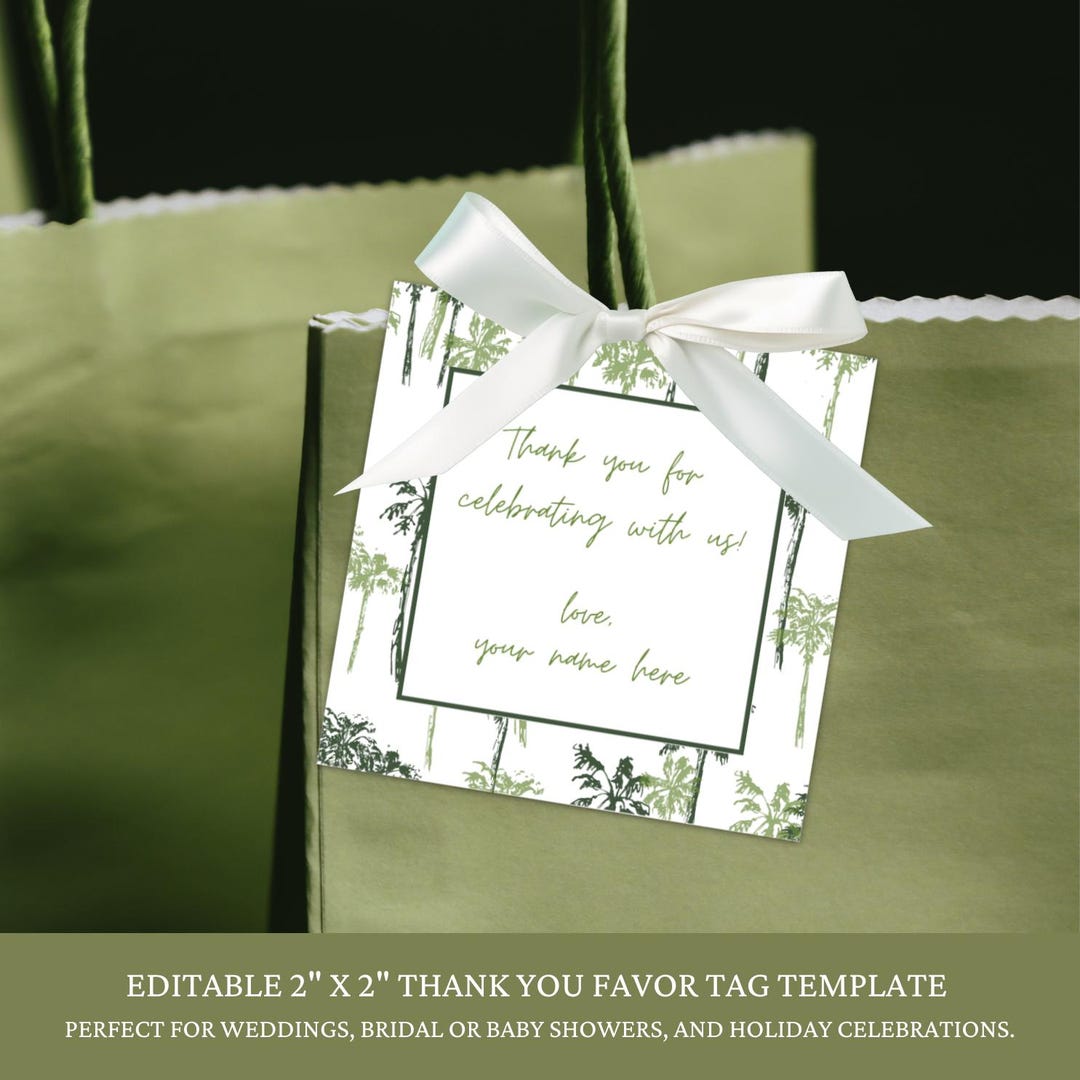 Editable Tropical Palm Tree Square Favor Thank You Tag Canva Template ...