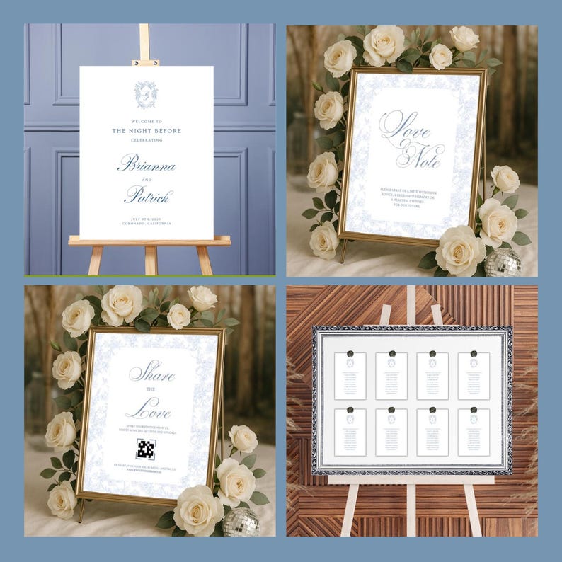 Editable Blue Toile Monogram Crest Wedding Mega Bundle Canva Template ...