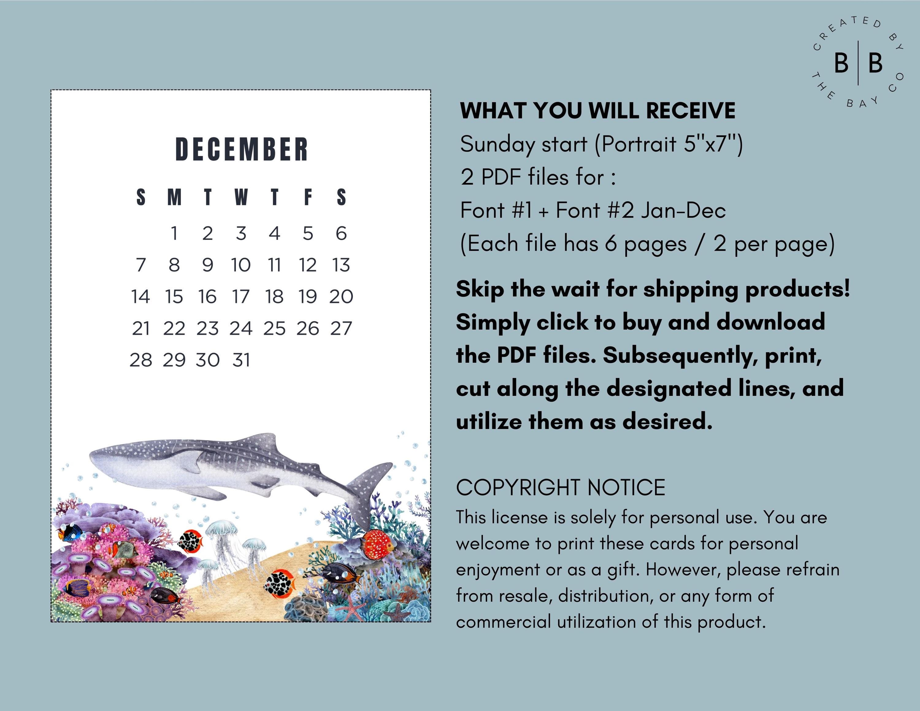 2025 Printable Sea Life Under the Sea Calendar Ocean Animals Dated 5x7 ...
