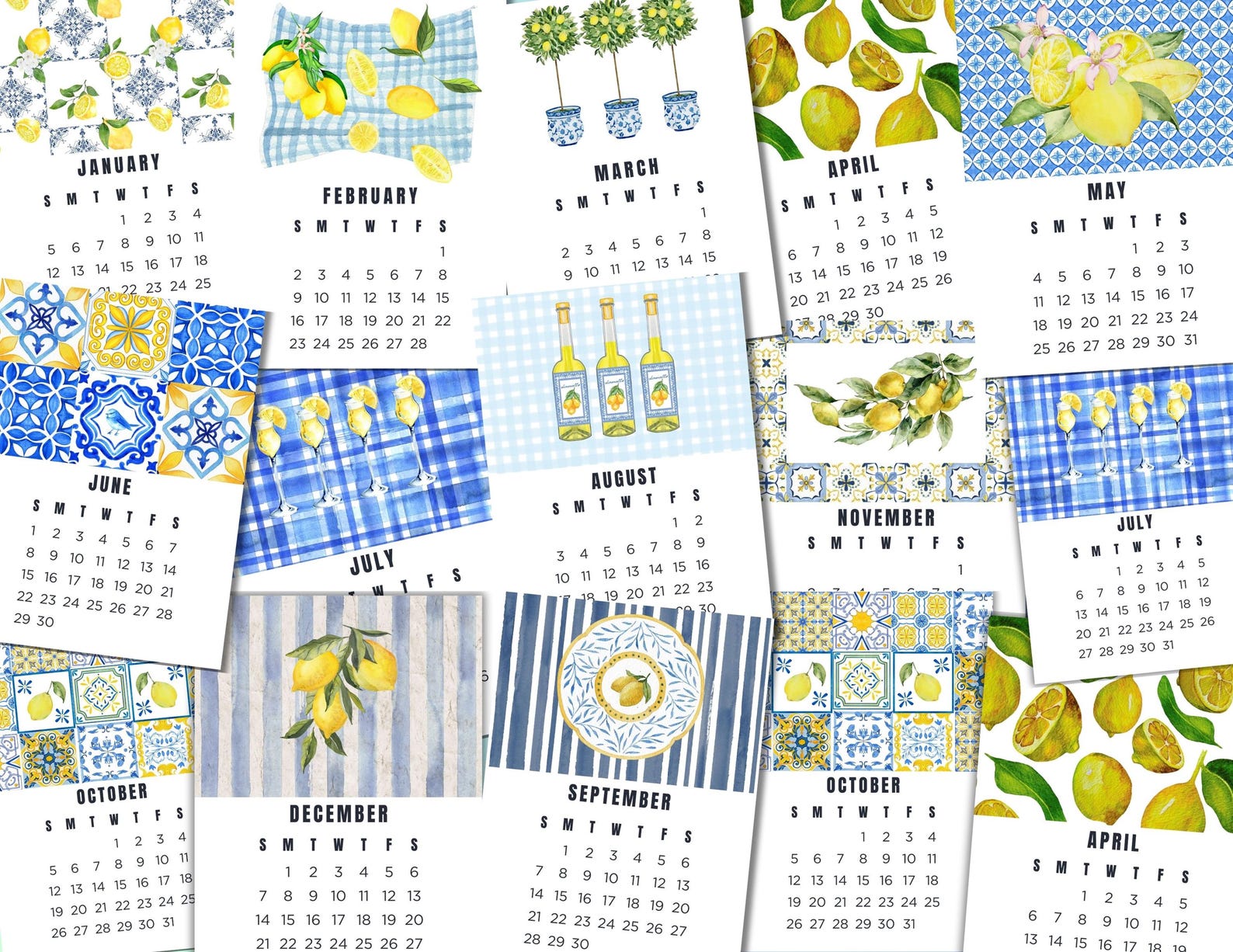 2025 Printable Lemon Blue Tiles Calendar Sicily Italy Inspired Dated ...