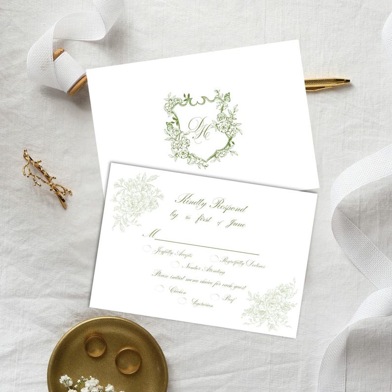 Editable Green Wedding Crest With Monogram Invitation Suite Template ...