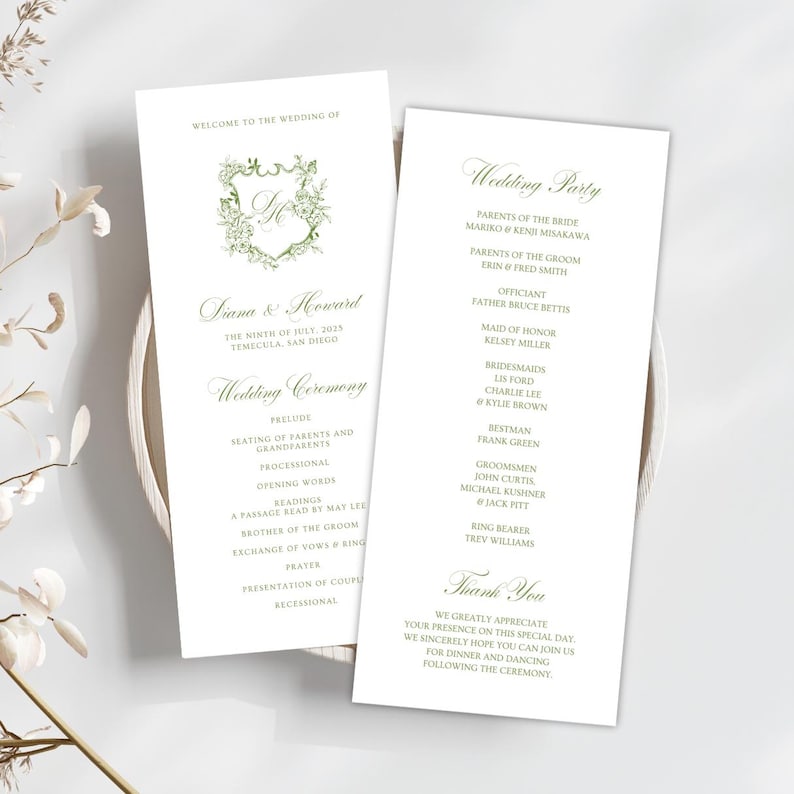 Editable Sage Green Wedding Program Card With Custom Crest Canva ...