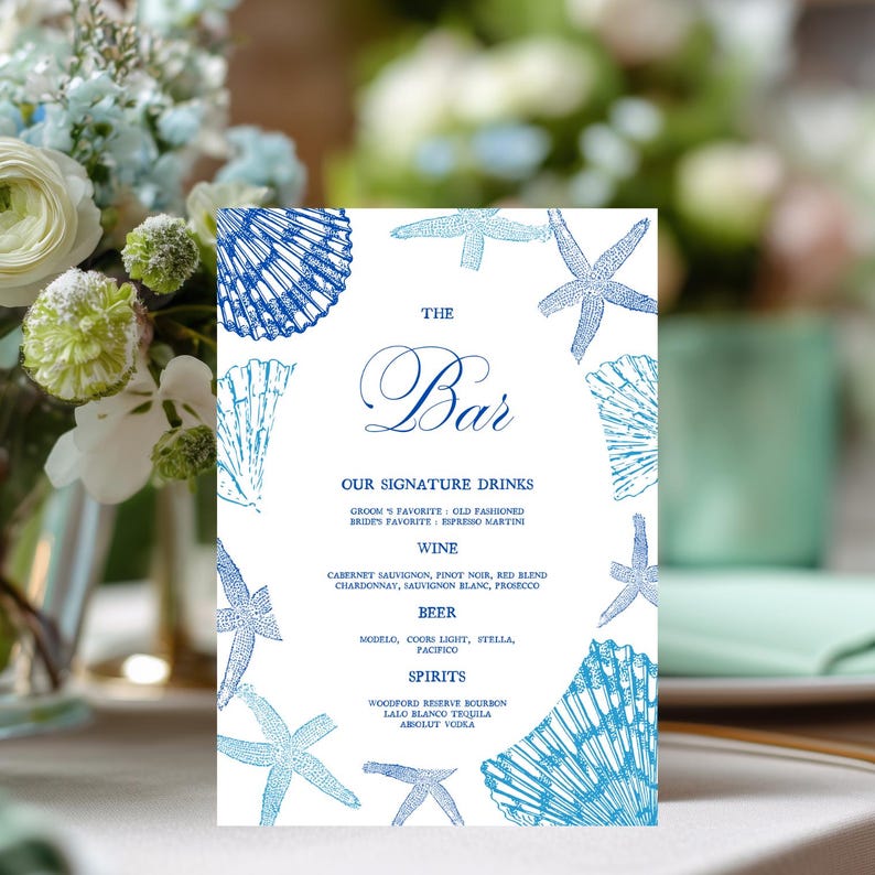 Editable Blue Seashells Bar Menu Canva Template, Custom Beach Wedding ...