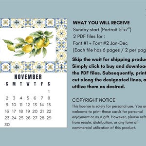 2025 Printable Lemon Blue Tiles Calendar Sicily Italy Inspired Dated ...