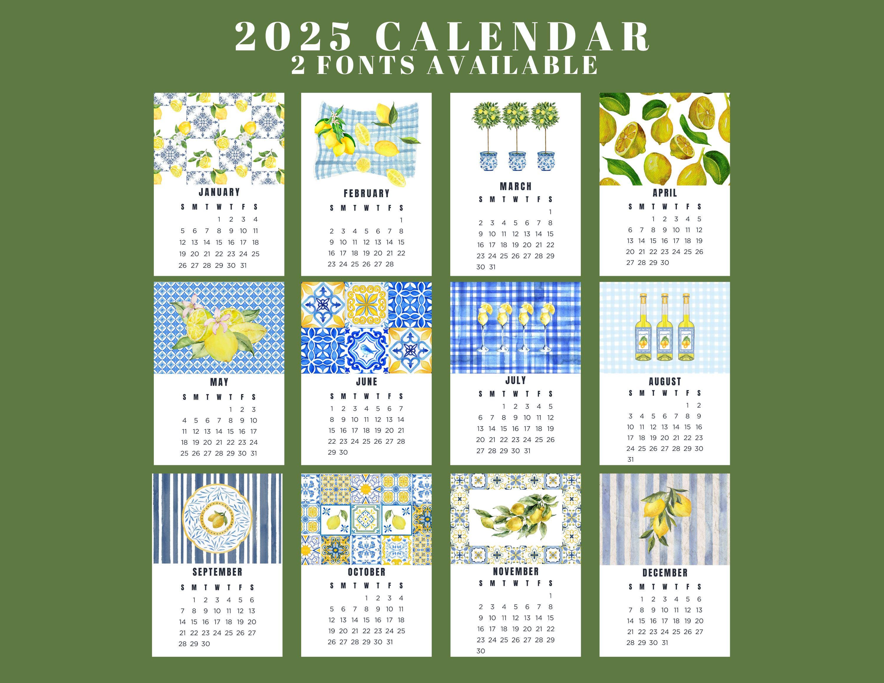 2025 Printable Lemon Blue Tiles Calendar Sicily Italy Inspired Dated ...