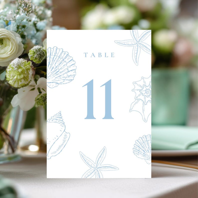 Editable Coastal Blue Seashells Table Numbers Canva Template, Printable ...
