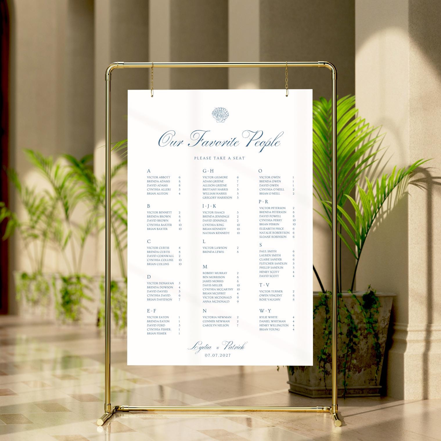Editable Blue Seashell Wedding Alphabetical Seating Chart Canva ...