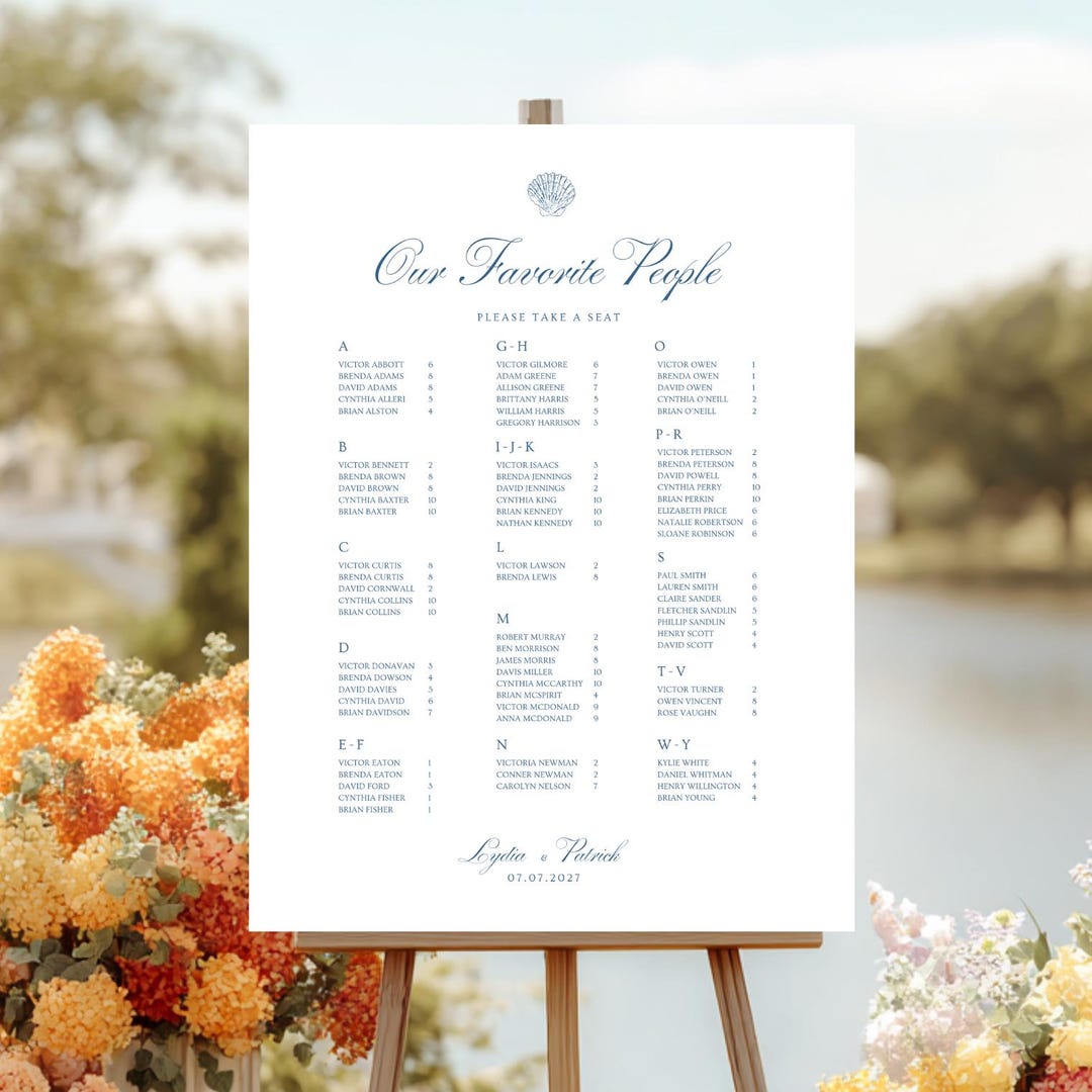 Editable Blue Seashell Wedding Alphabetical Seating Chart Canva ...