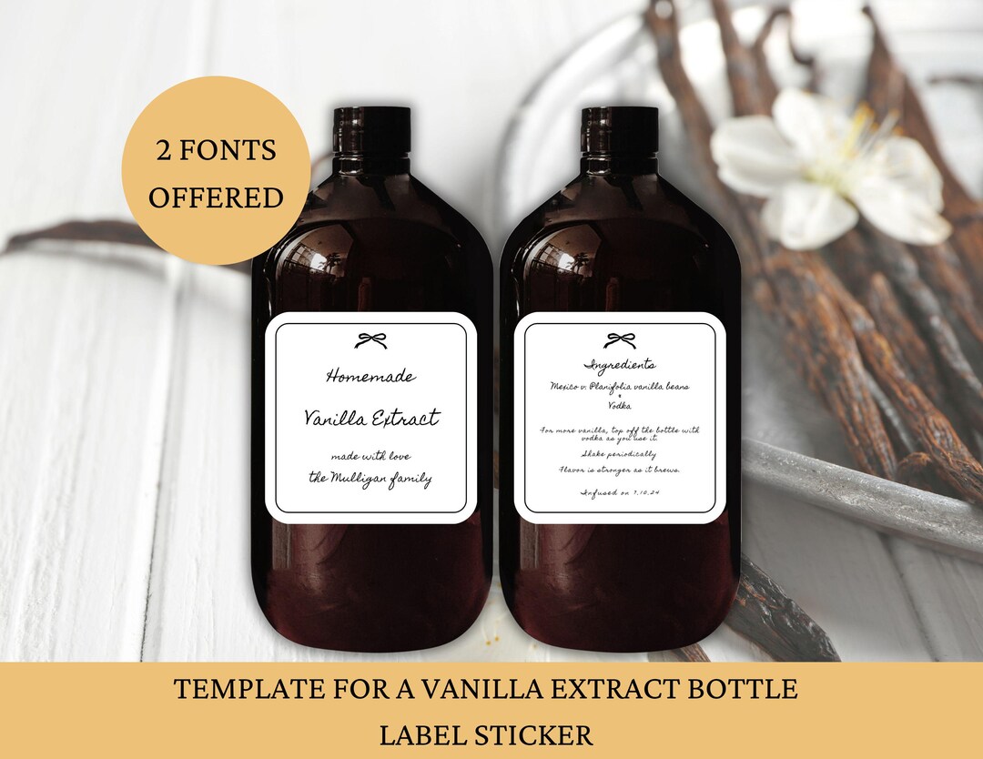 Homemade Vanilla Extract Bottle Label Front and Back, Editable Canva ...
