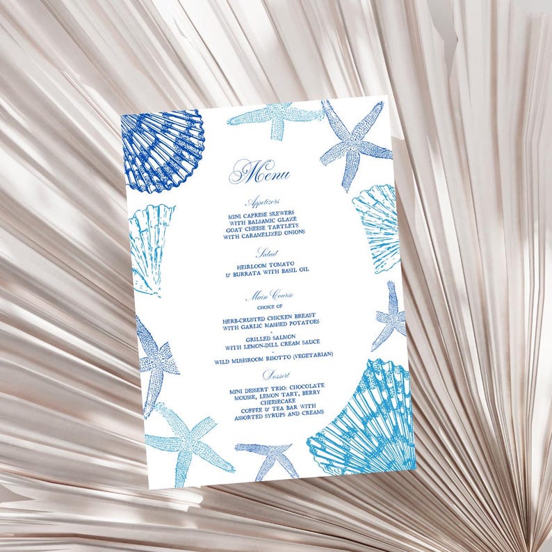 Editable Blue Seashells Menu Canva Template, Custom Beach Wedding ...