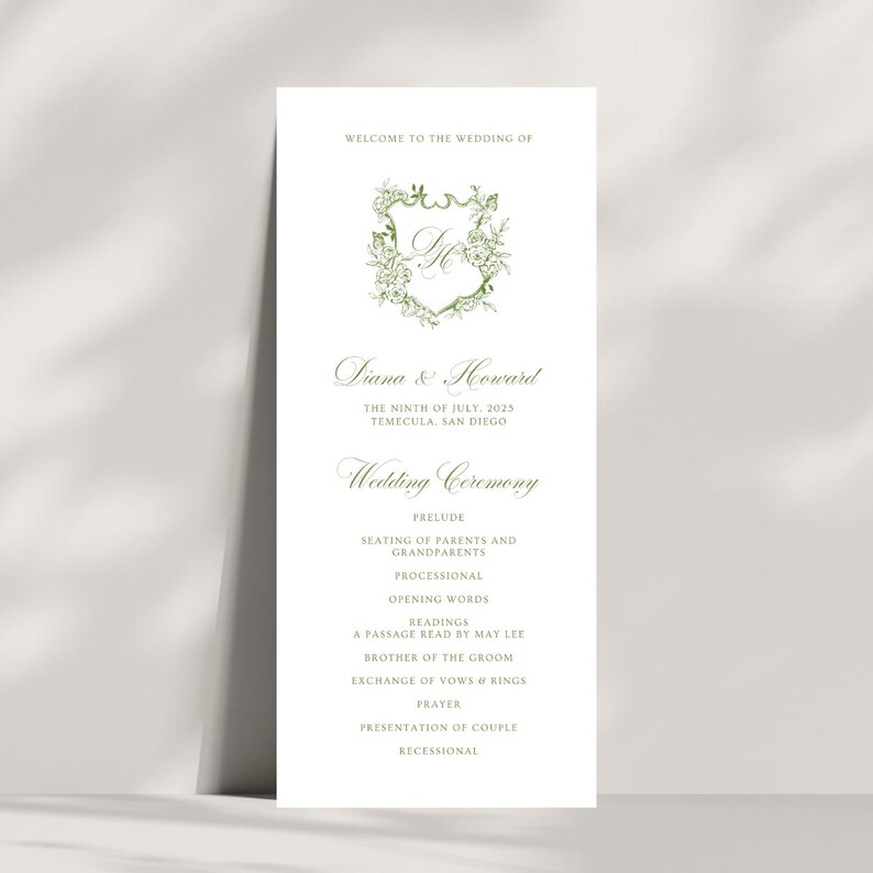 Editable Sage Green Wedding Program Card With Custom Crest Canva ...