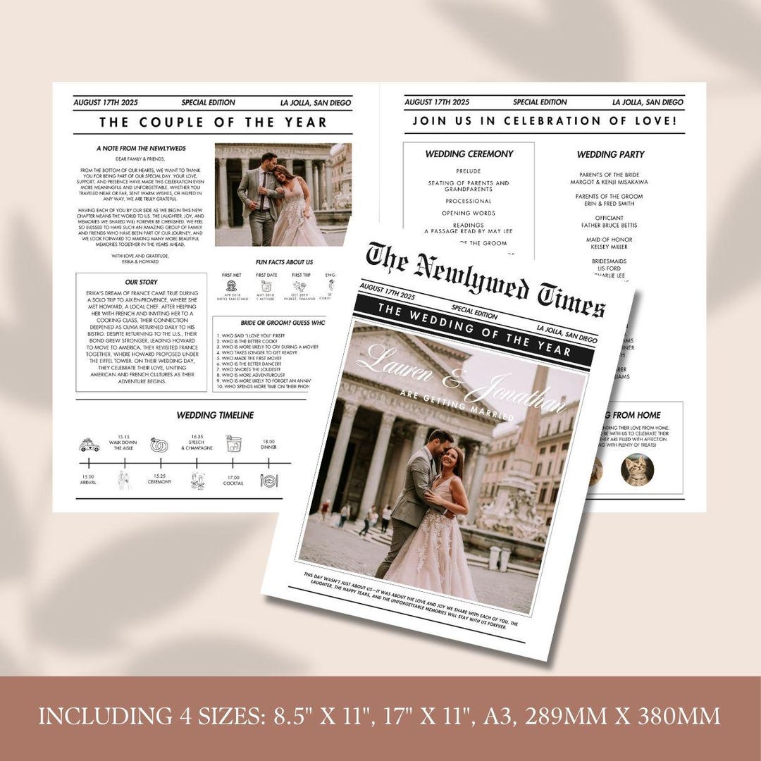 Wedding Newspaper Template With Photos, Editable Newspaper Wedding ...