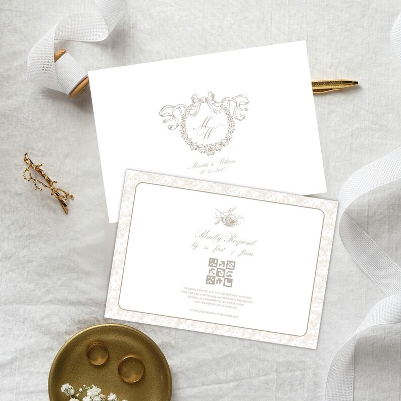 Editable Taupe Monogram Crest Wedding Invite Canva Template, Vintage ...