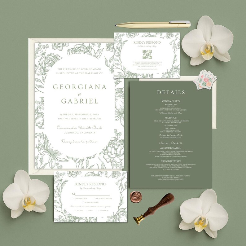 Editable Green Floral Toile Wedding Invitation Suite Canva Template ...