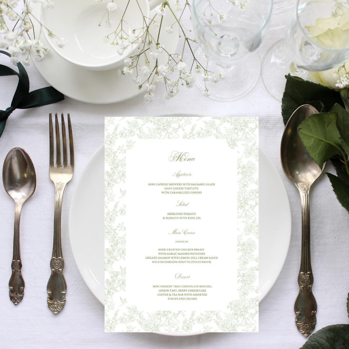 Editable Green Toile Floral Wedding Reception Menu Canva Template ...