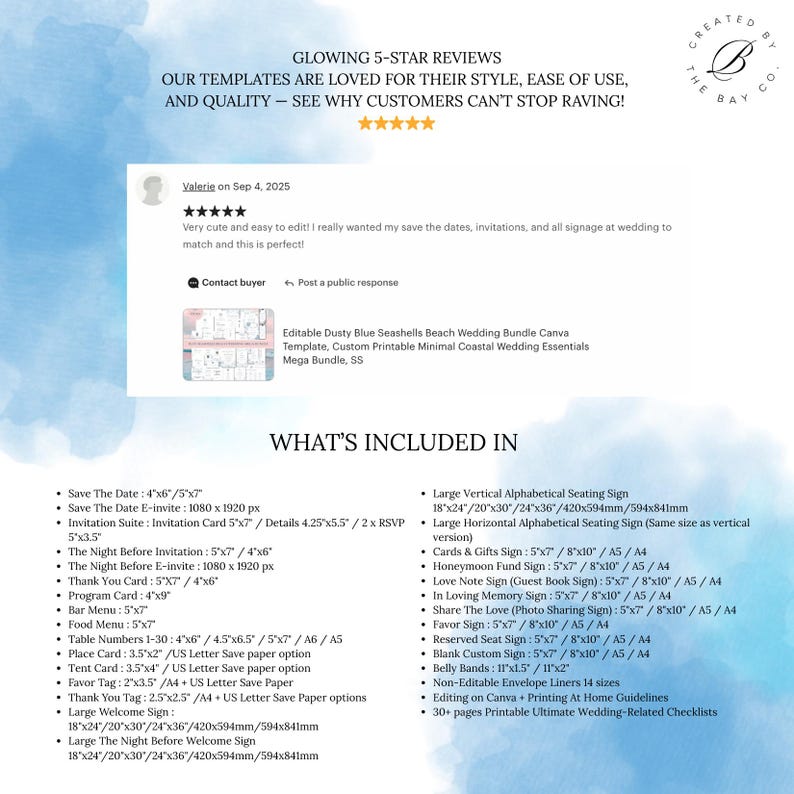 Editable Dusty Blue Seashells Beach Wedding Bundle Canva Template ...