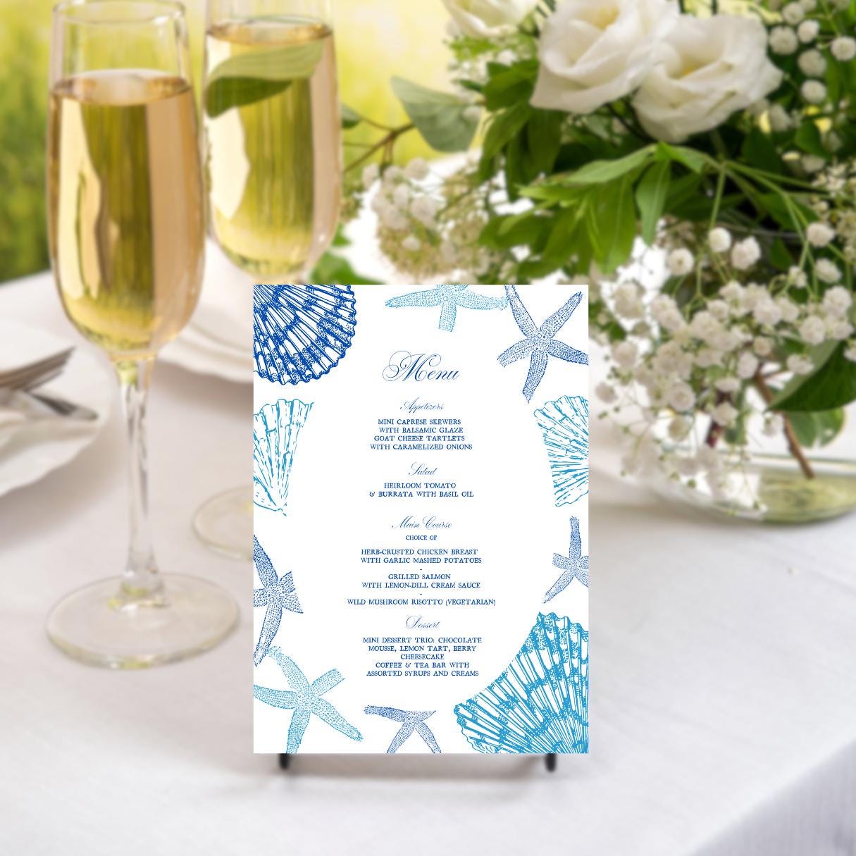 Editable Blue Seashells Menu Canva Template, Custom Beach Wedding ...