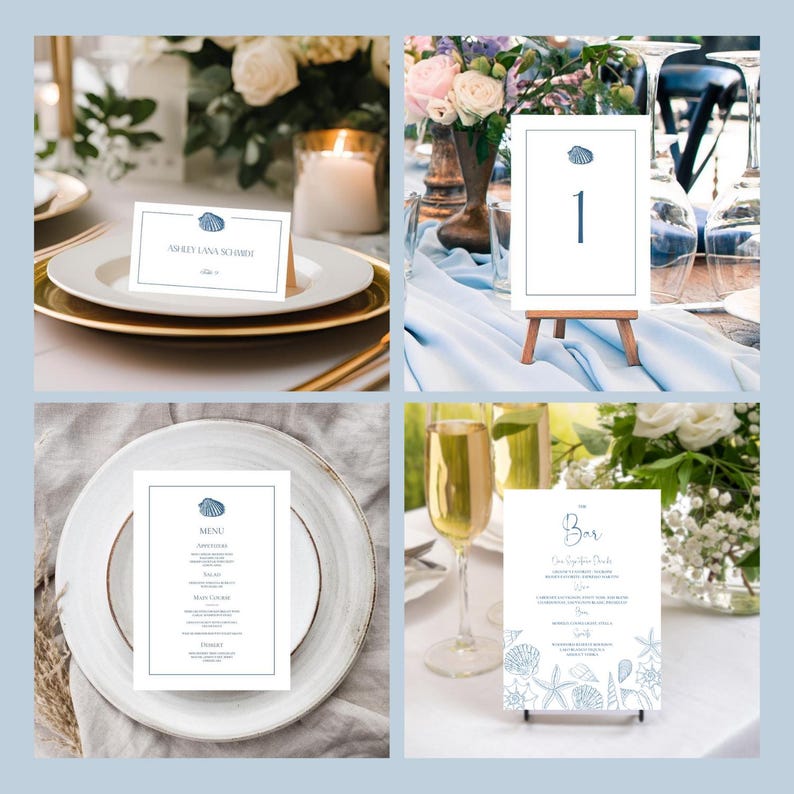 Editable Beach Blue Seashells Wedding Bundle Canva Template, Printable ...