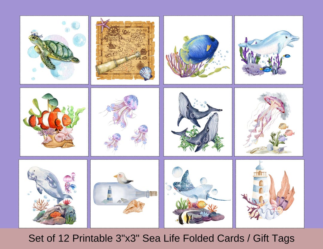 12 Printable 3x3 Mini Under the Sea Notecards, Sea Life Note Cards ...