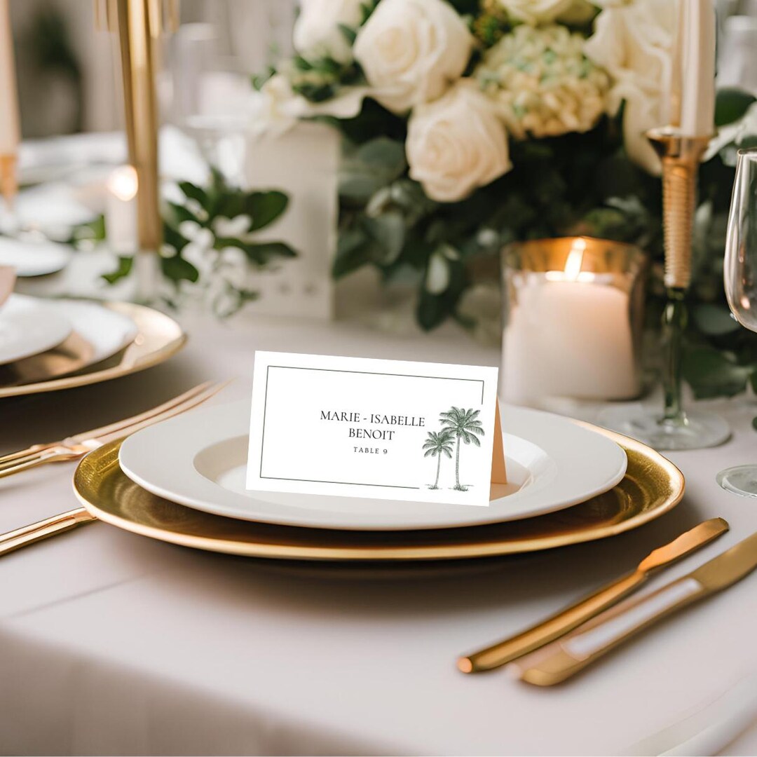 Editable Palm Tree Wedding Place Card Canva Template, Printable Beach ...