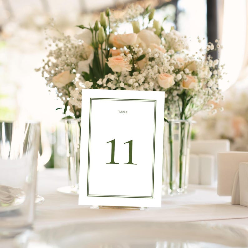 Editable Classic Green Wedding Table Number Canva Template, Custom ...