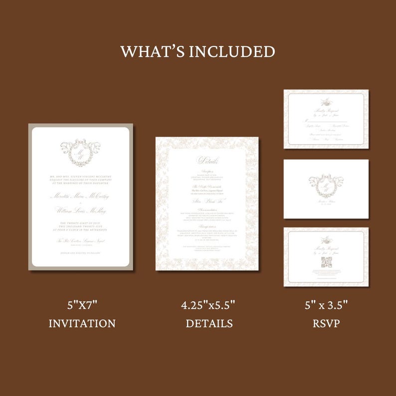 Editable Taupe Monogram Crest Wedding Invite Canva Template, Vintage ...