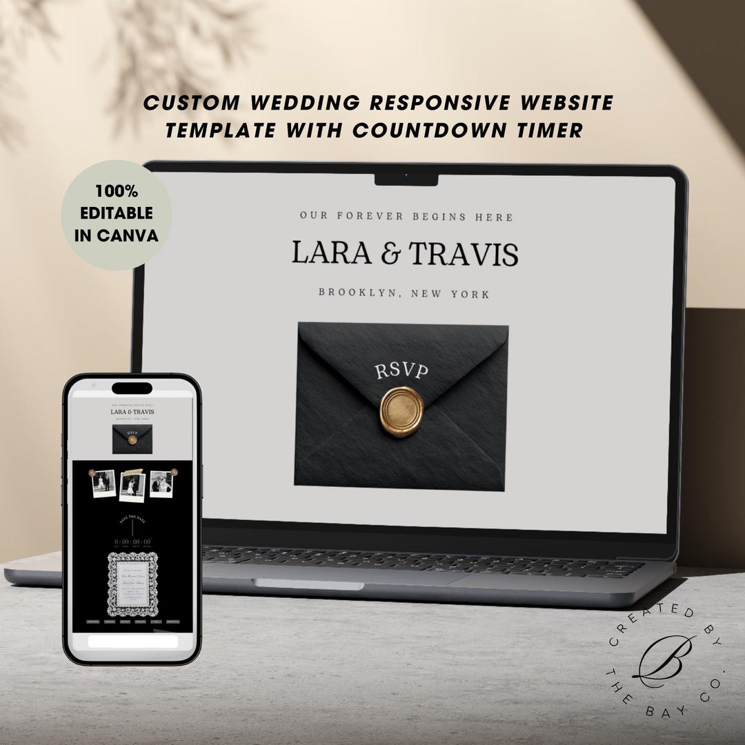 Editable Monochromic Retro Countdown Timer Wedding Website Canva ...