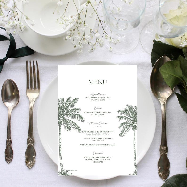 Editable Tropical Palm Trees Wedding Reception Food Menu Canva Template ...