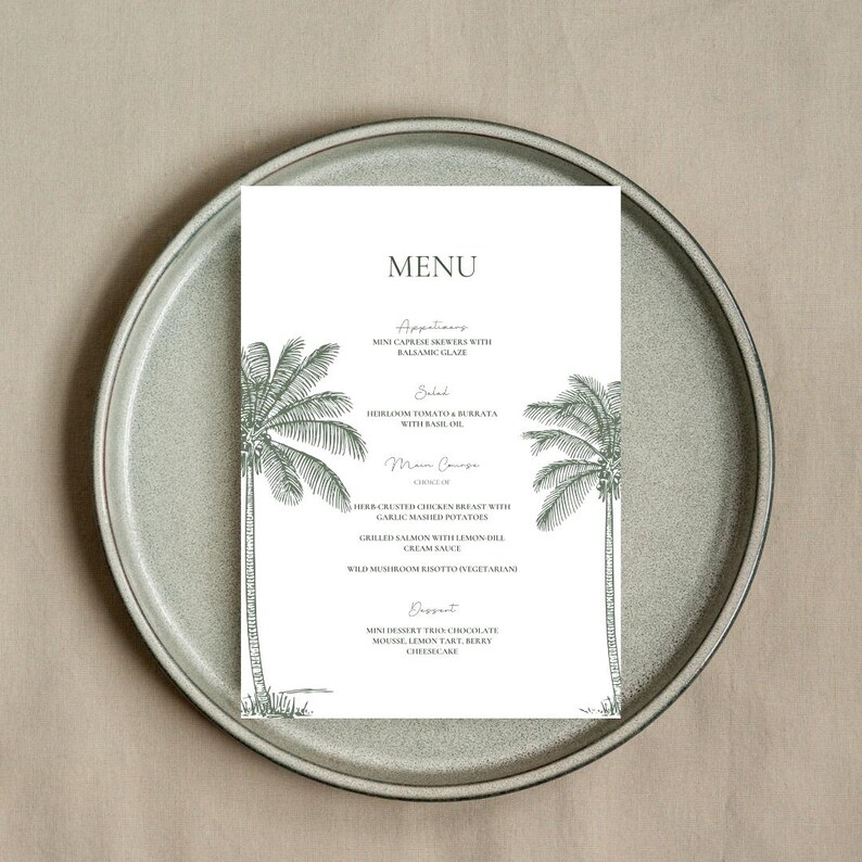 Editable Tropical Palm Trees Wedding Reception Food Menu Canva Template ...