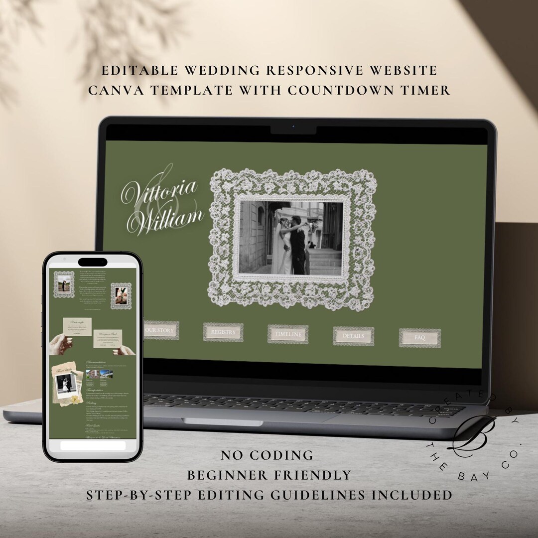 Editable Sage and Lace Countdown Timer Responsive Wedding Website Canva ...