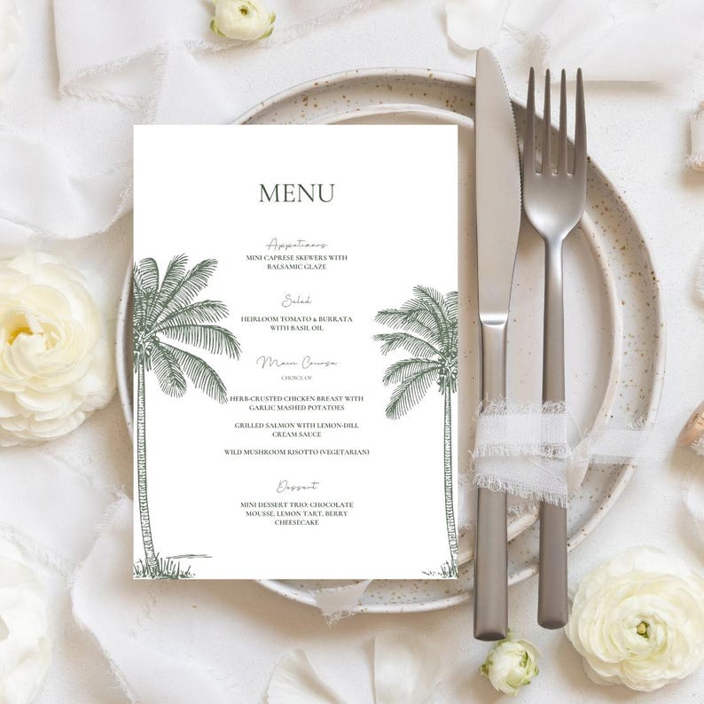 Editable Tropical Palm Trees Wedding Reception Food Menu Canva Template ...