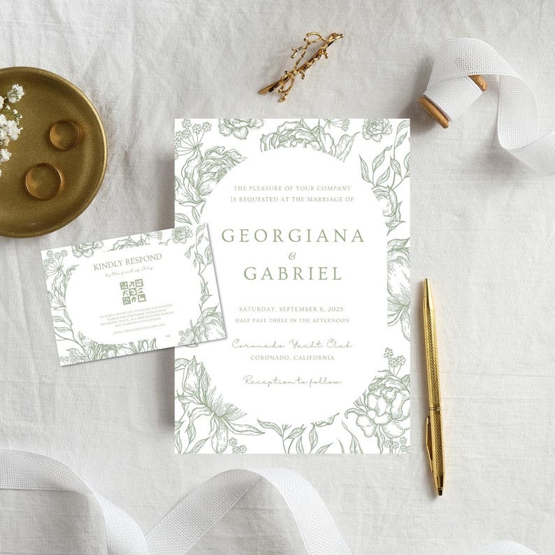 Editable Green Peonies Toile Wedding Invitation Suite Canva Template ...