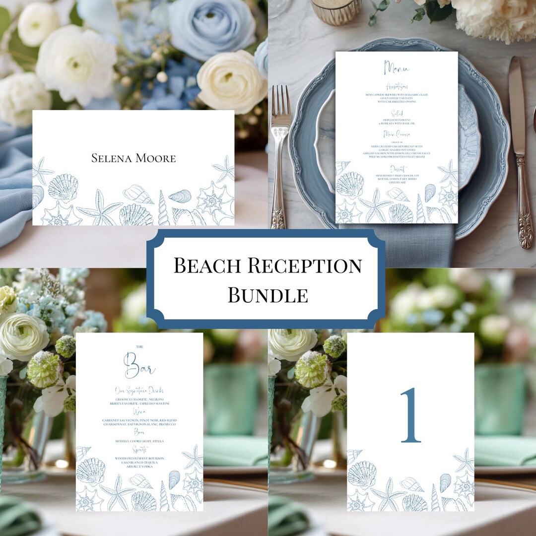 Beach Seashells Wedding Menu Canva Template, Coastal Wedding Reception ...