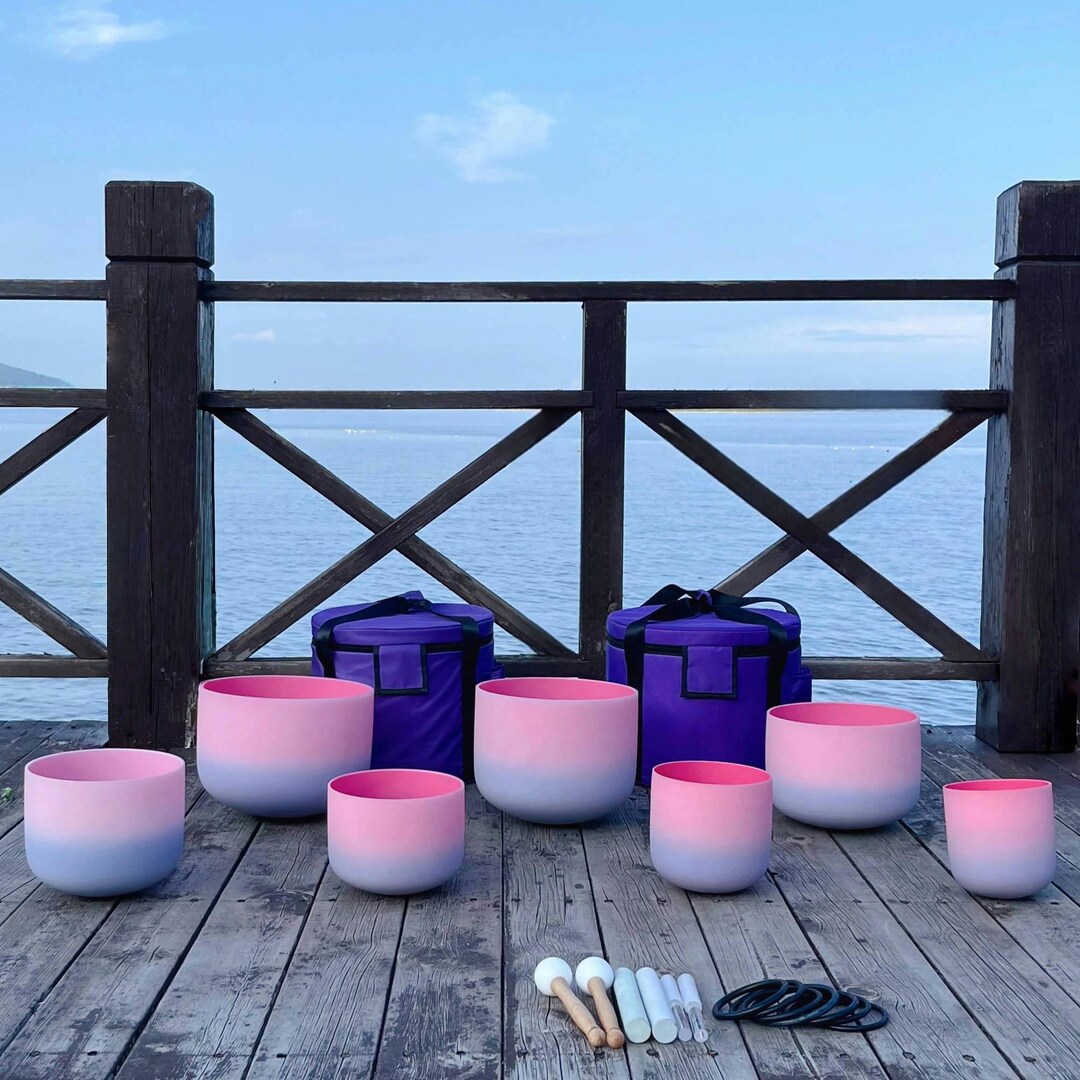 432HZ Perfect Pitch 6''-12'' Pink Quartz Crystal Sound Healing Bowls Set With Carry Cases and ...