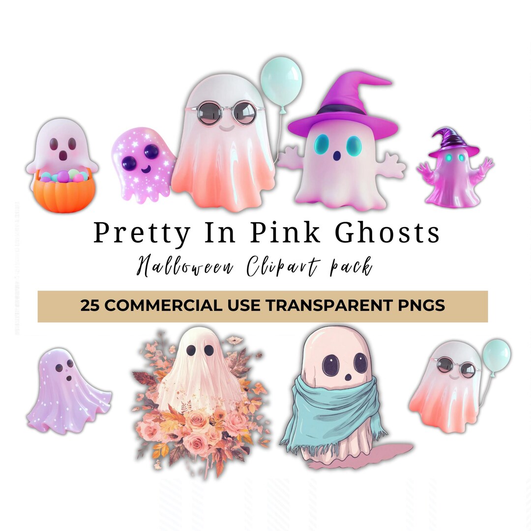 Pretty in Pink Ghost Digital Clipart, Cute Halloween Pastel Spirits ...