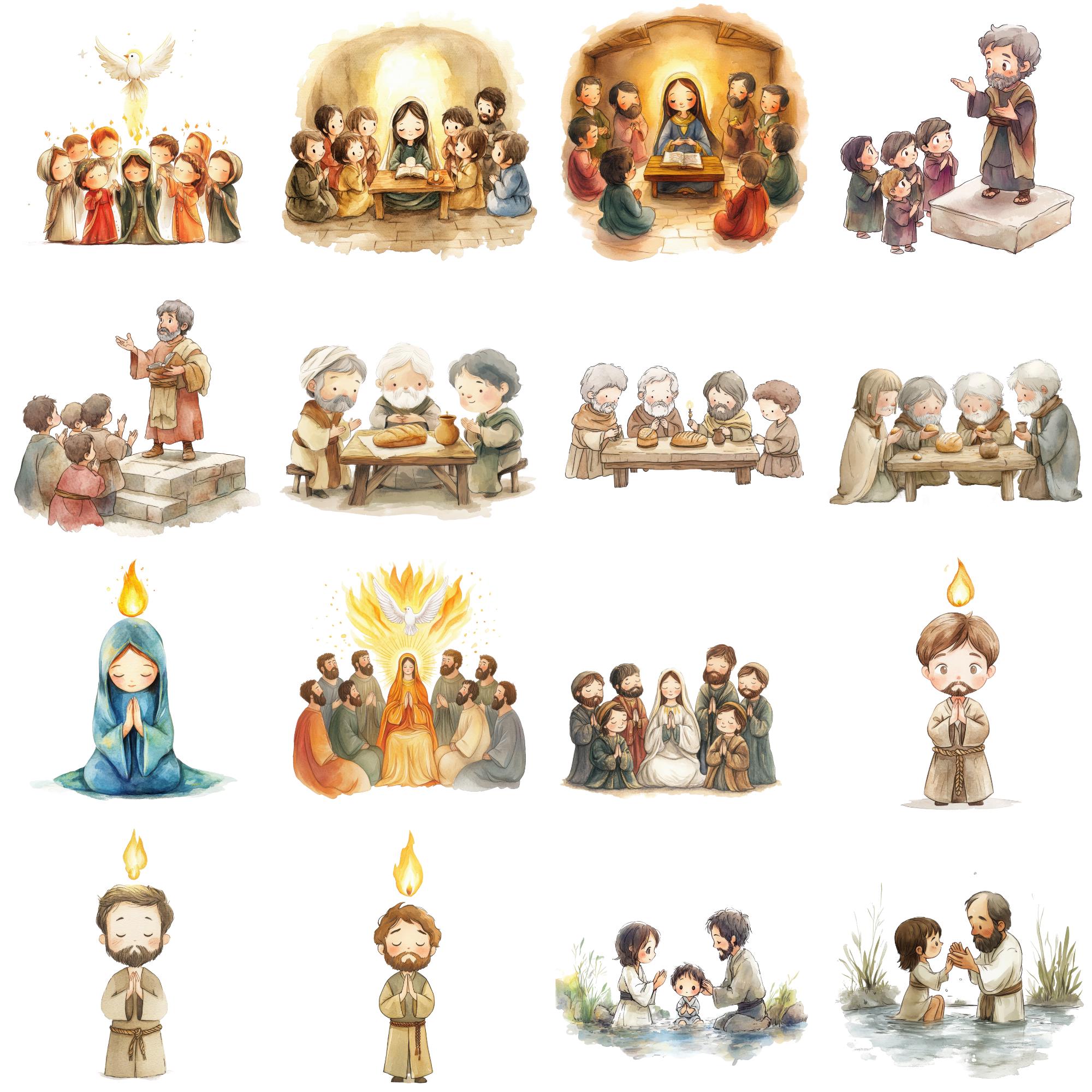 Pentecost Clipart Pack | Watercolor Chibi Apostles, Mary, Holy Spirit ...