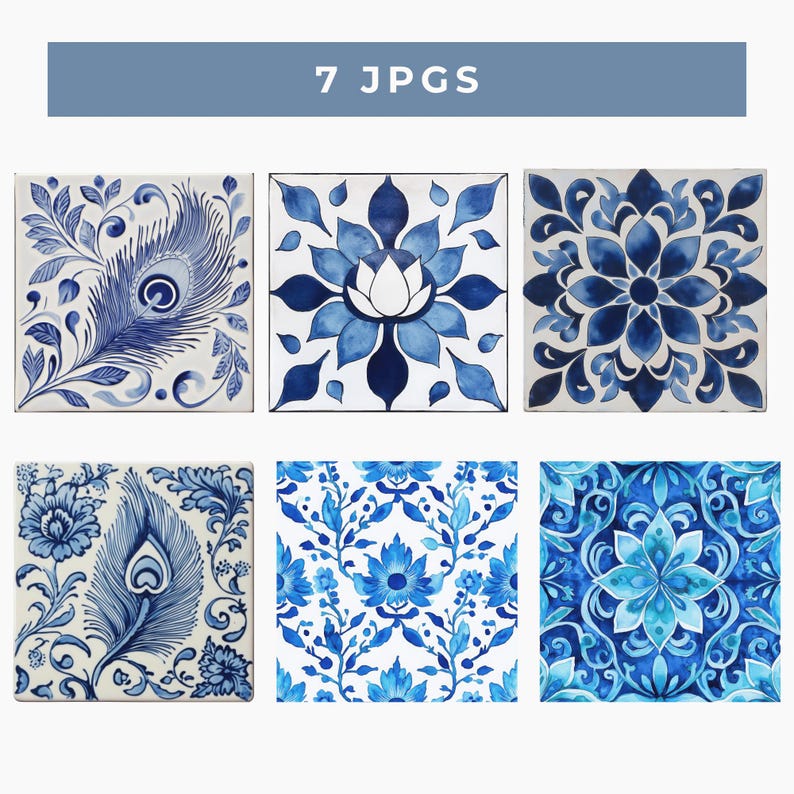 Jaipur Tile Clipart: Blue Floral Indian Watercolor Tiles (digital ...
