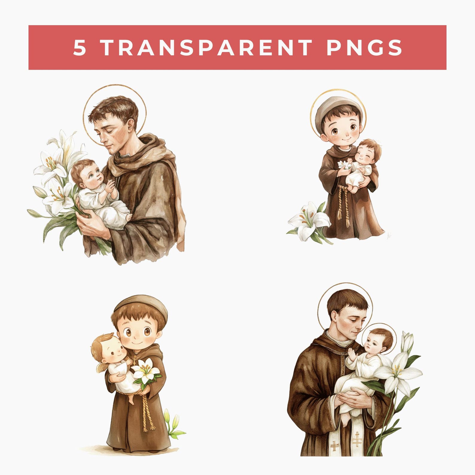 Saint Anthony of Padua Clipart Bundle | 5 Pngs Chibi & Watercolor ...