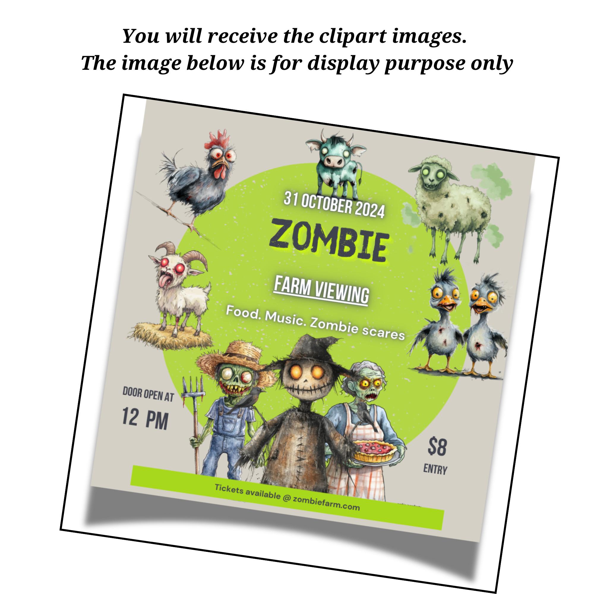 Zombie Farm Animals Clipart: Kid-friendly Halloween Watercolor (digital ...
