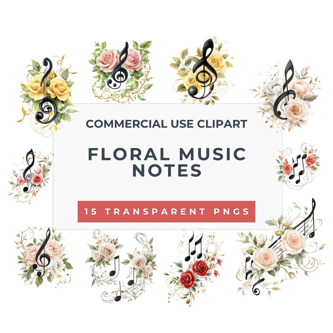 Watercolor Floral Music Notes Clipart: Elegant PNG Set - Etsy