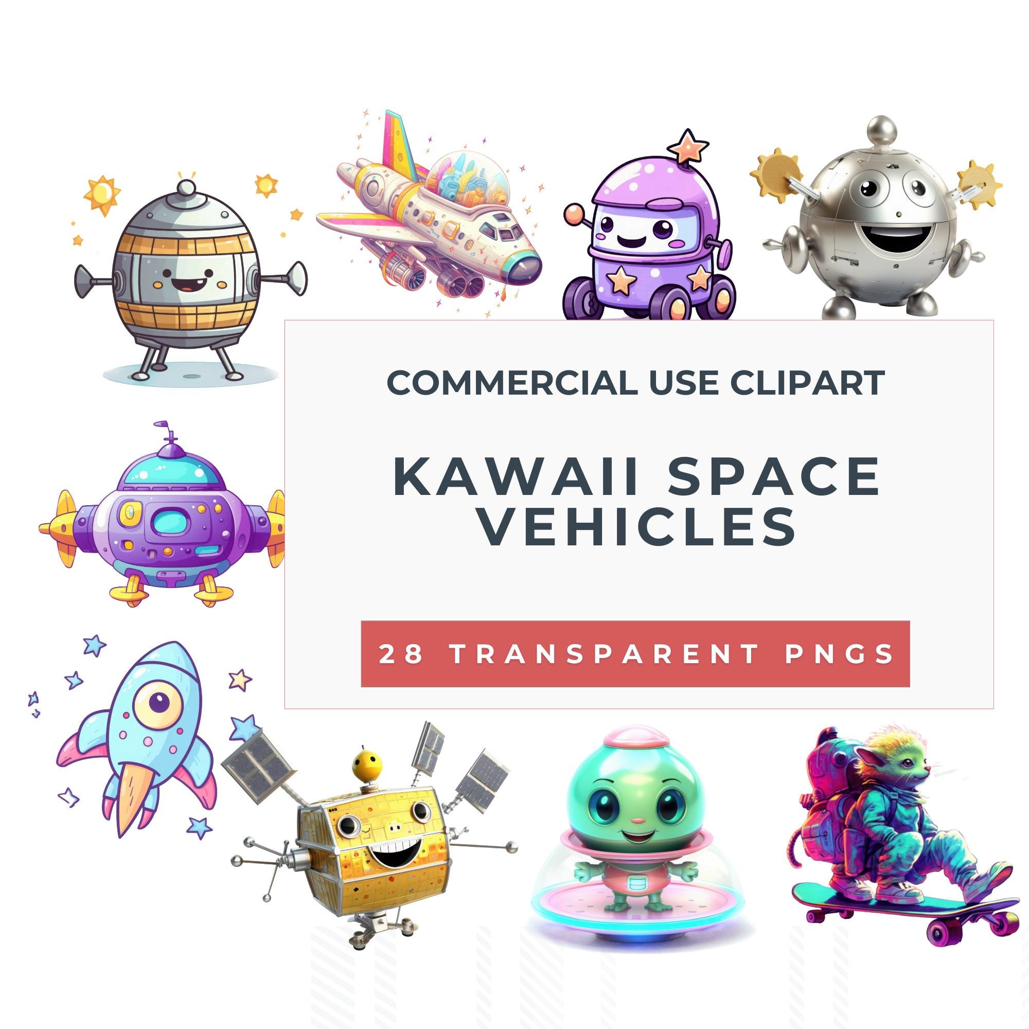 Kawaii Space Vehicles Clipart Pack; Cute Rocket, UFO, Shuttle & More ...