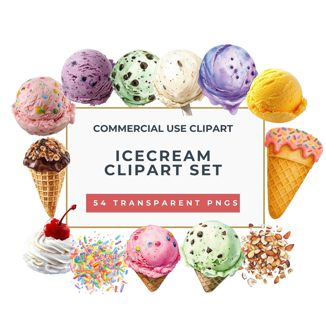 Ice Cream Clipart Set, Watercolor Pngs With Scoops, Cones, Toppings ...