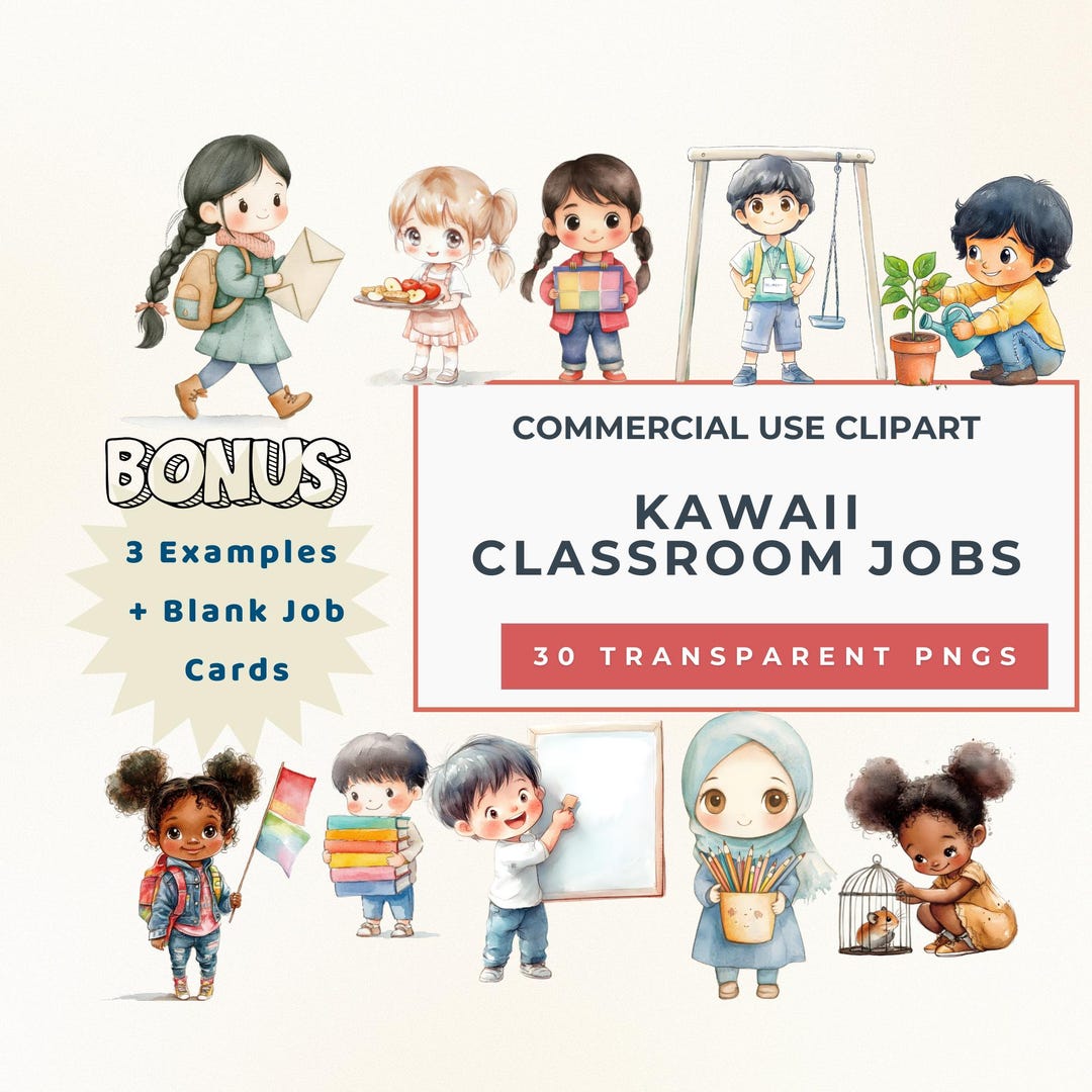 Kawaii Classroom Job Clipart Bundle: Watercolor Student Helper Roles ...
