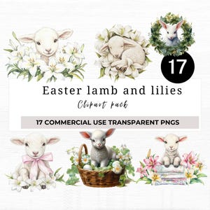 Easter Baby Lamb & Lilies Clipart Pack, Watercolor Inspired, Perfect ...